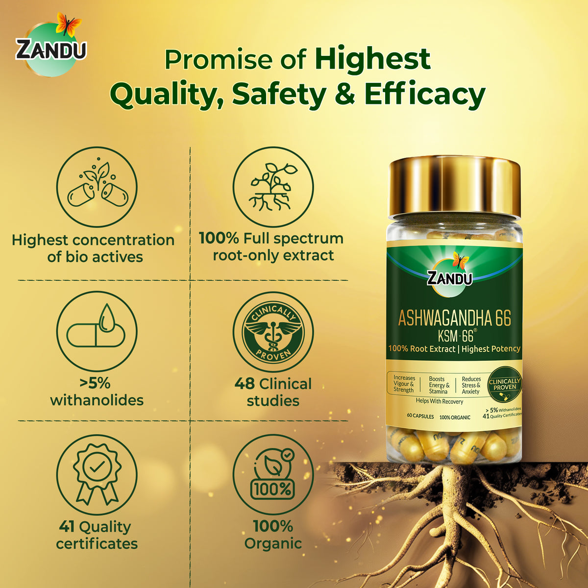 Zandu Ashwagandha KSM-66 Capsules for Stress | 72% Reduction in Anxiety ...